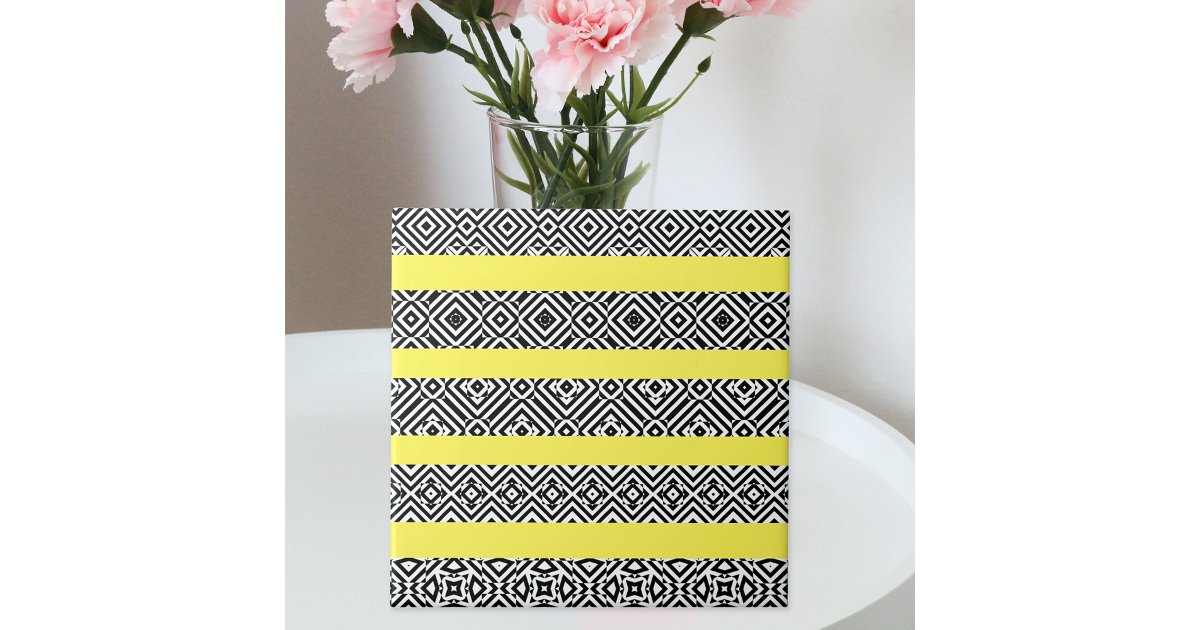 Black And White Op Art Patterned Stripes on Yellow Ceramic Tile | Zazzle