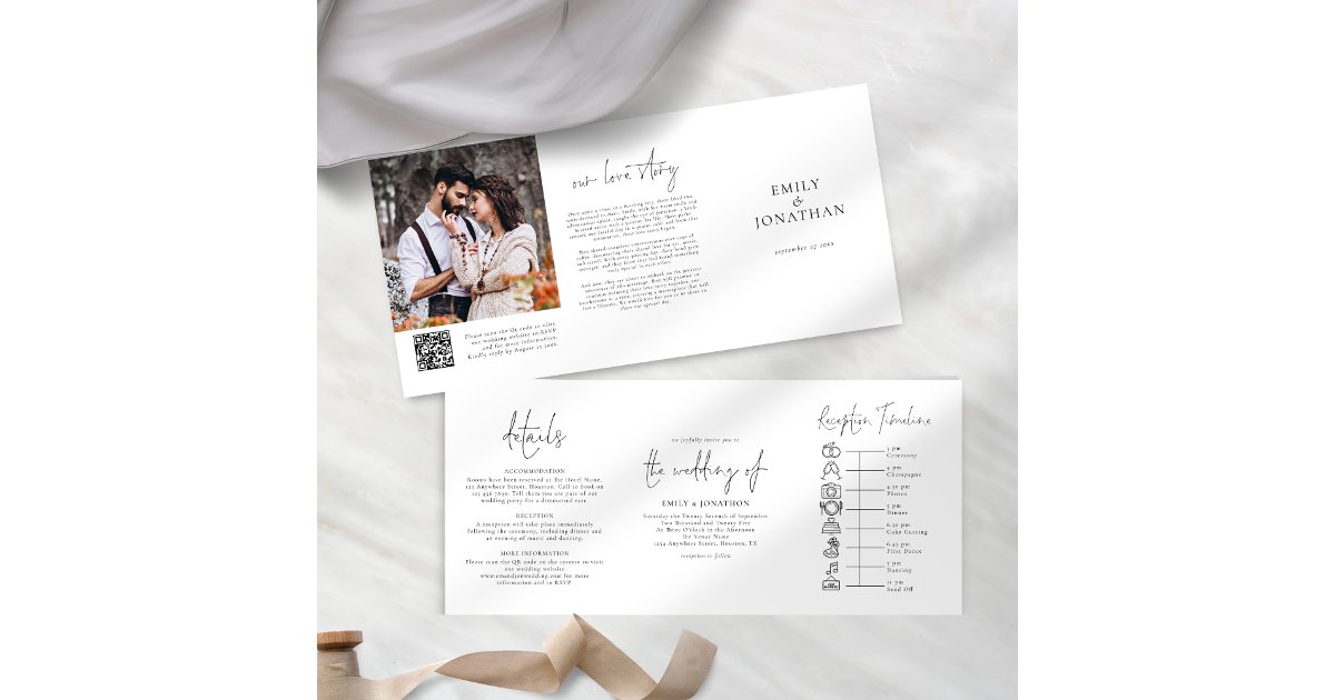 Black and White Photo QR Code Timeline Wedding Tri-Fold Invitation | Zazzle