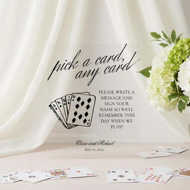 Black and White Pick A Card Any Card Guestbook Acrylic Sign | Zazzle