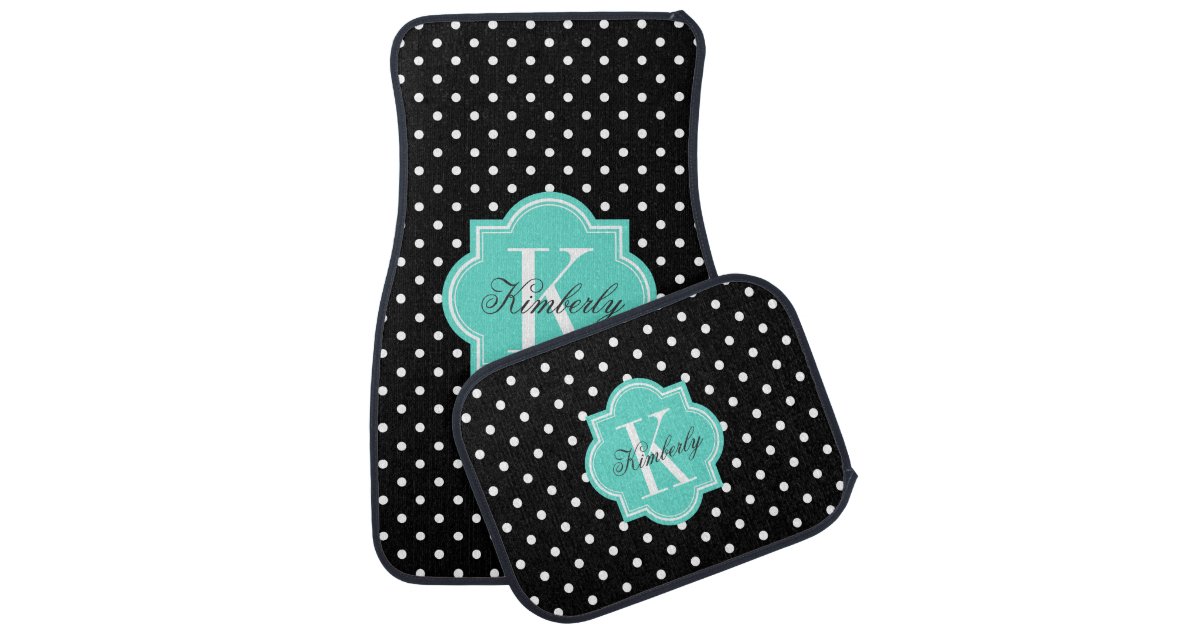 Black and White Polka Dot with Turquoise Monogram Car Floor Mat | Zazzle