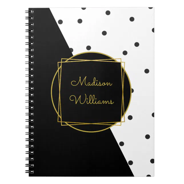 Black and White Polka Dots Color Block with Name Notebook | Zazzle