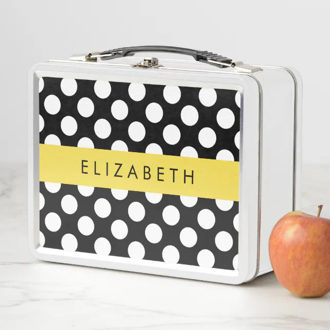 Black and White Polka Dots, Dotted, Your Name Metal Lunch Box | Zazzle