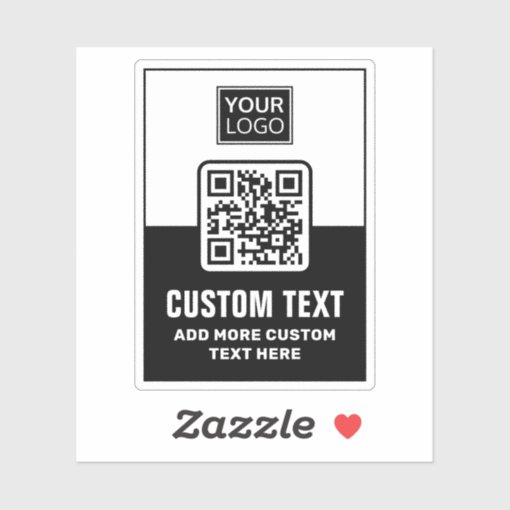 Black and white QR code, logo and custom text Sticker | Zazzle