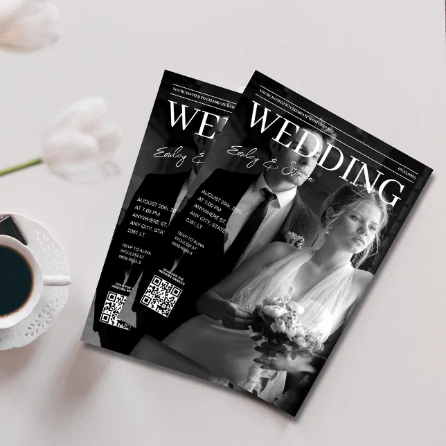 Black and white QR code magazine cover wedding Invitation | Zazzle