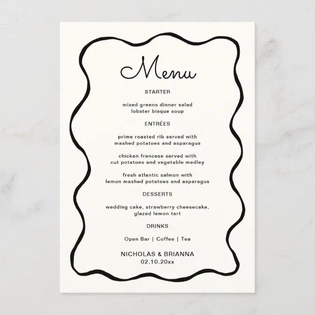 Black and White Quirky Hand Drawn Wave Wedding Menu | Zazzle