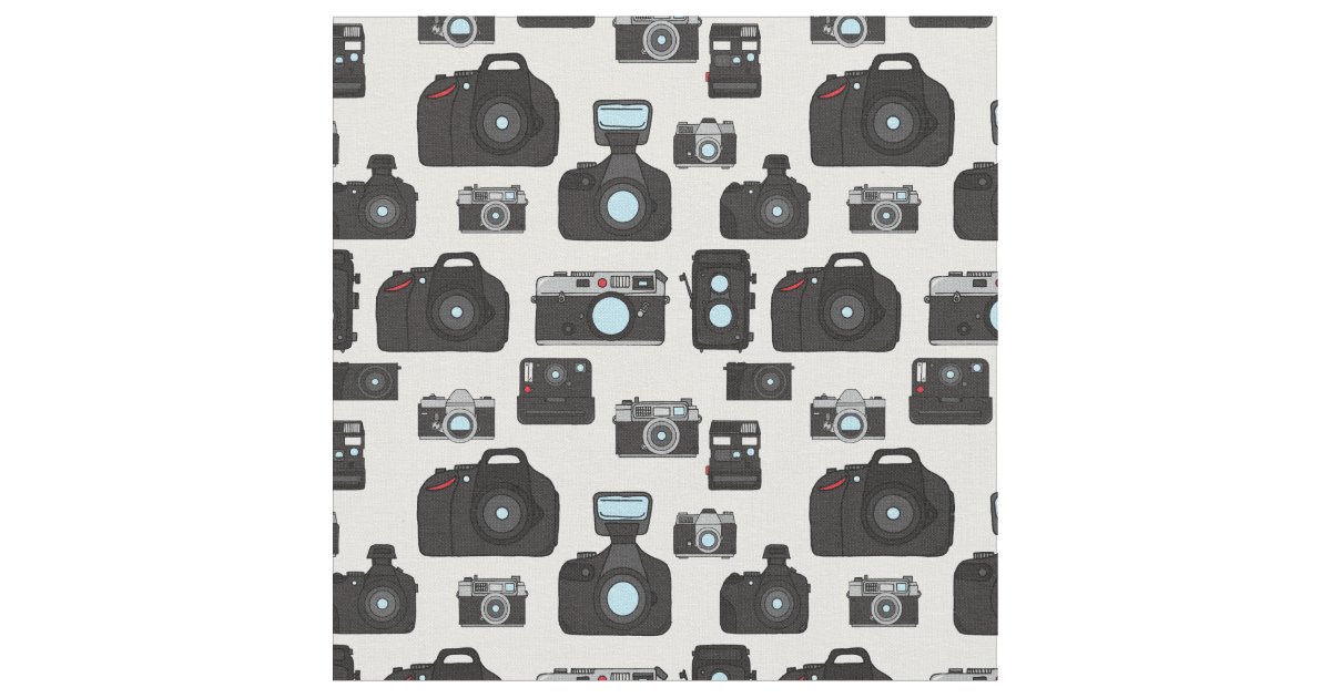 Black and White Retro Photographer Camera Pattern Fabric | Zazzle
