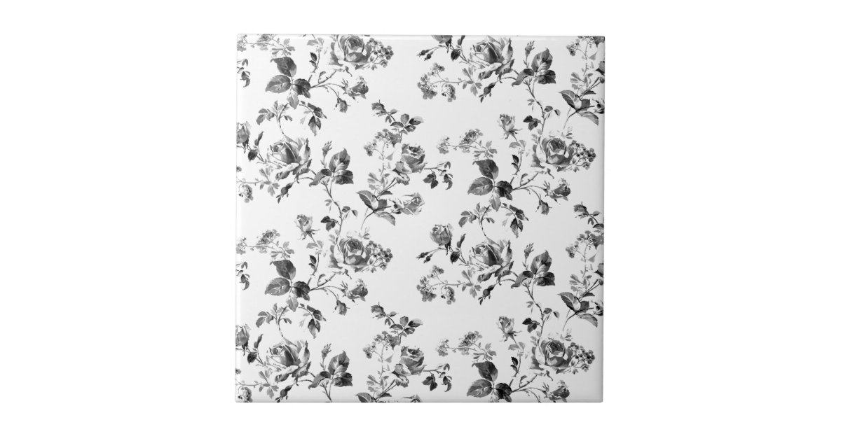 Black and White Roses Floral Pattern Ceramic Tile | Zazzle