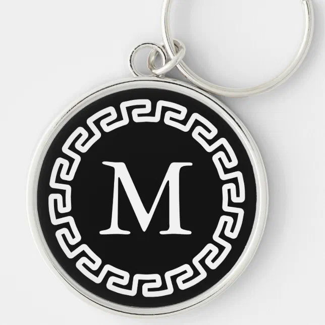 Black and White Round Greek Key Border Monogrammed Keychain | Zazzle