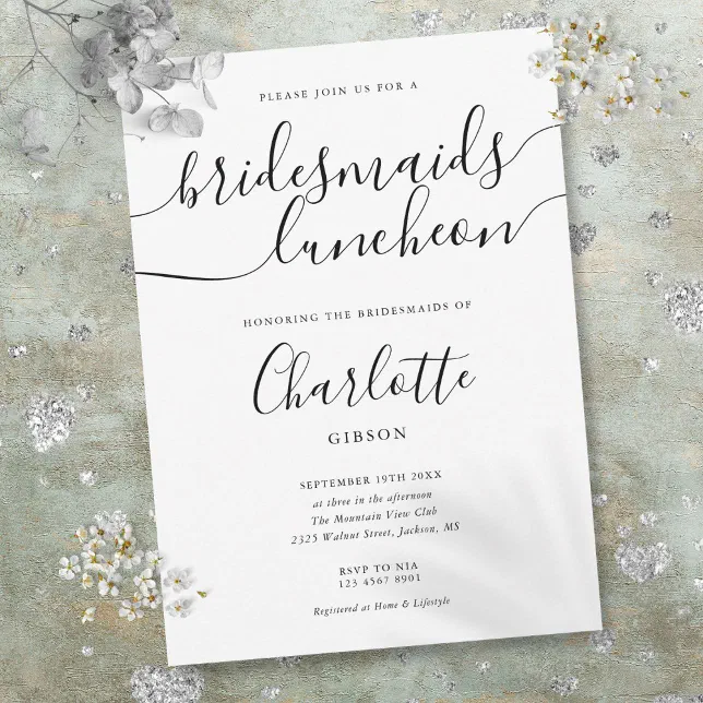Black And White Script Bridesmaids Luncheon Invitation | Zazzle