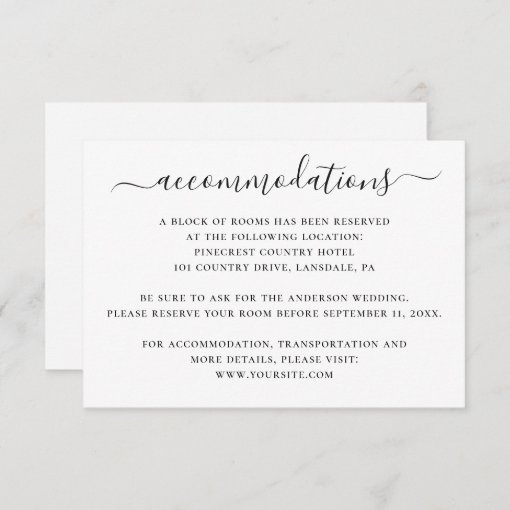 Black and white script wedding accommodations enclosure card | Zazzle