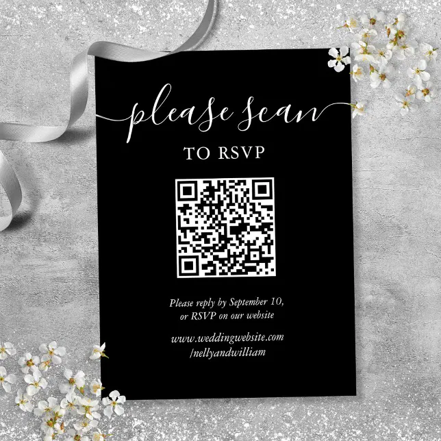 Black And White Script Wedding RSVP QR Code Enclosure Card | Zazzle