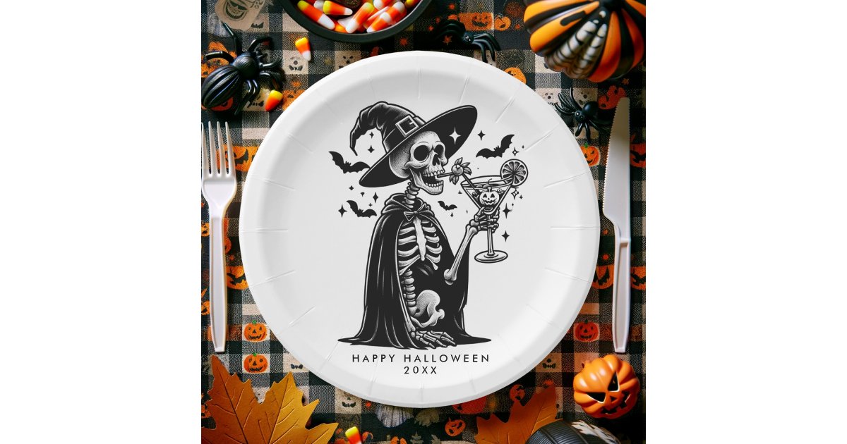 Black and White Skeleton Halloween Party Paper Plates | Zazzle