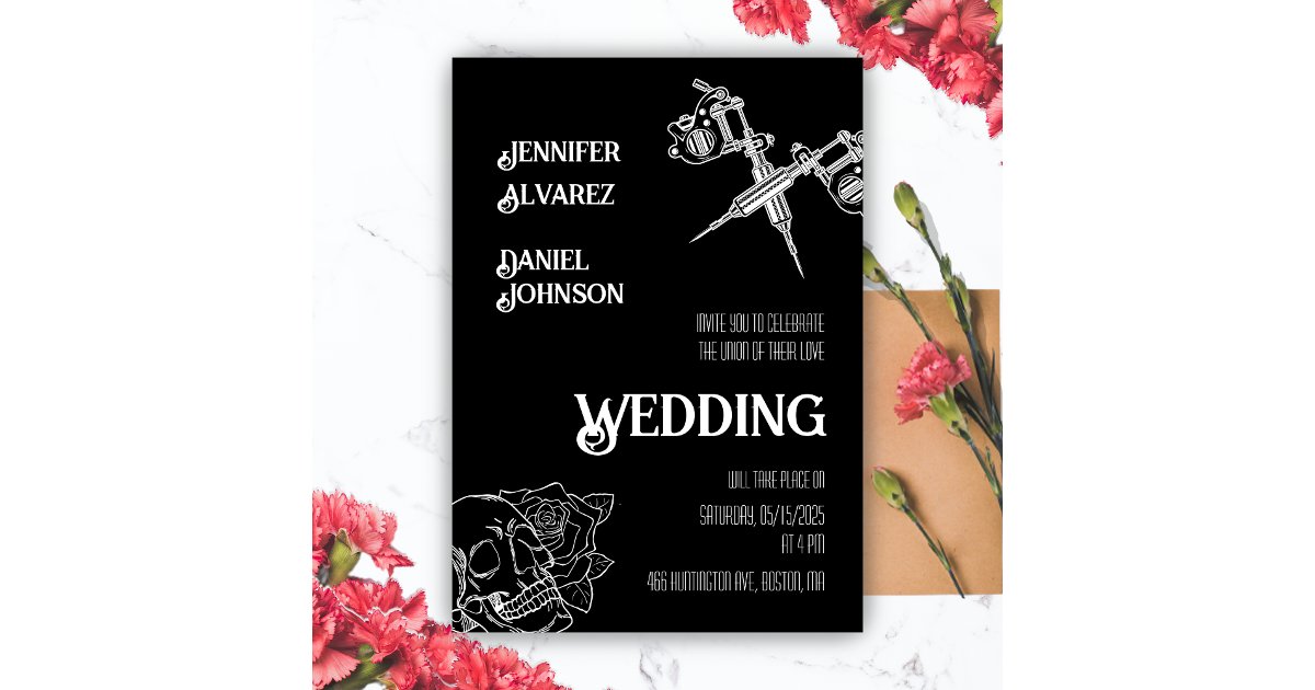 Black and White Skull Tattoo Wedding Invitation | Zazzle