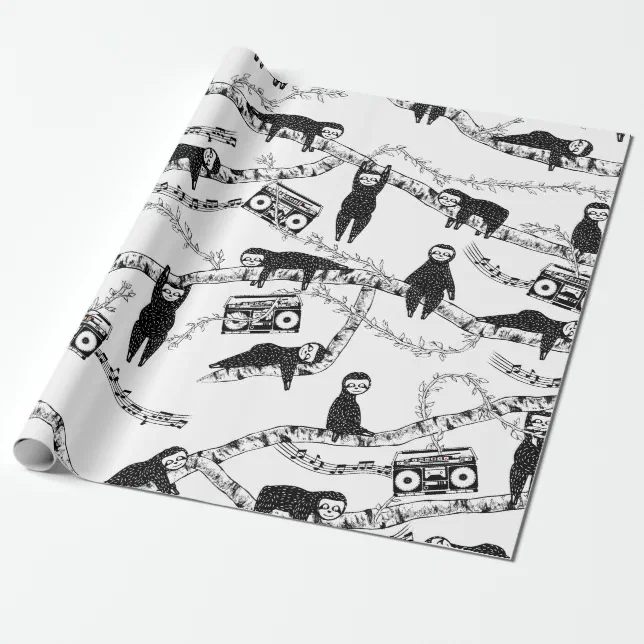 Black and white sloth pattern wrapping paper | Zazzle