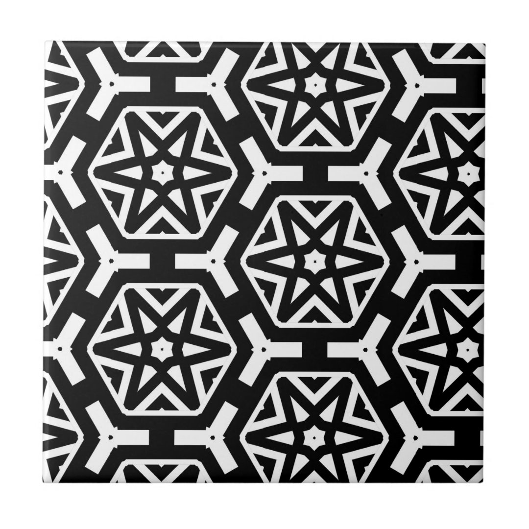 Black and White Stars and Hexagons Pattern Ceramic Tile | Zazzle