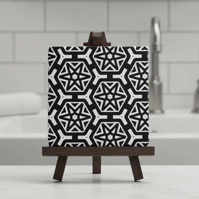 Black and White Stars and Hexagons Pattern Ceramic Tile | Zazzle
