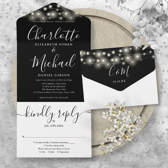 Black And White String Lights Chic Script Wedding All In One Invitation ...