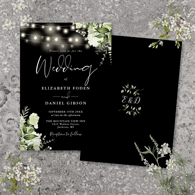 Black And White String Lights Floral Wedding Invitation | Zazzle