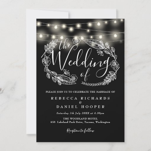 Black And White String Lights Script Wedding Invitation | Zazzle