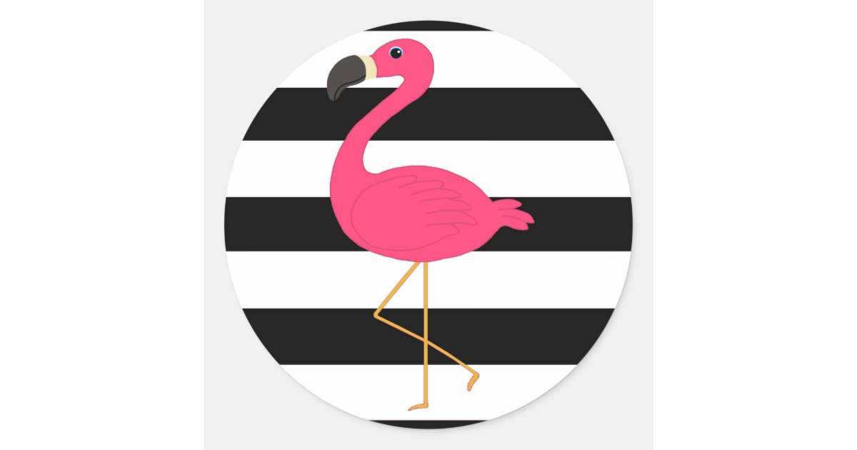 Black and White Stripe Pink Flamingo Classic Round Sticker | Zazzle