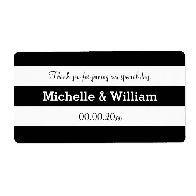 Black and white stripe wedding water bottle labels | Zazzle