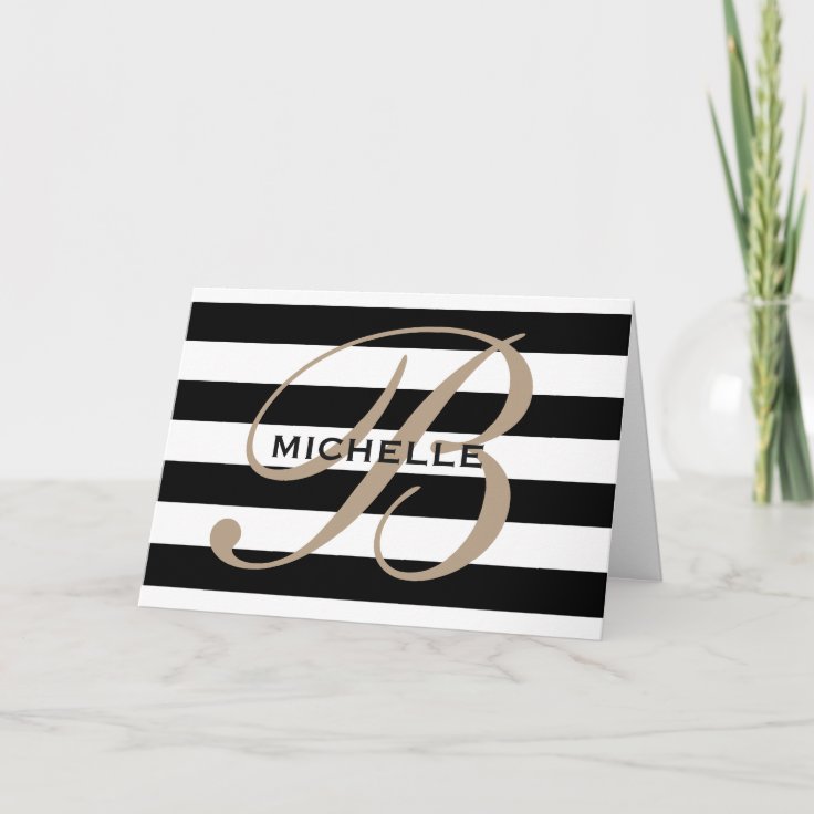 Black and white striped classy monogram note cards | Zazzle