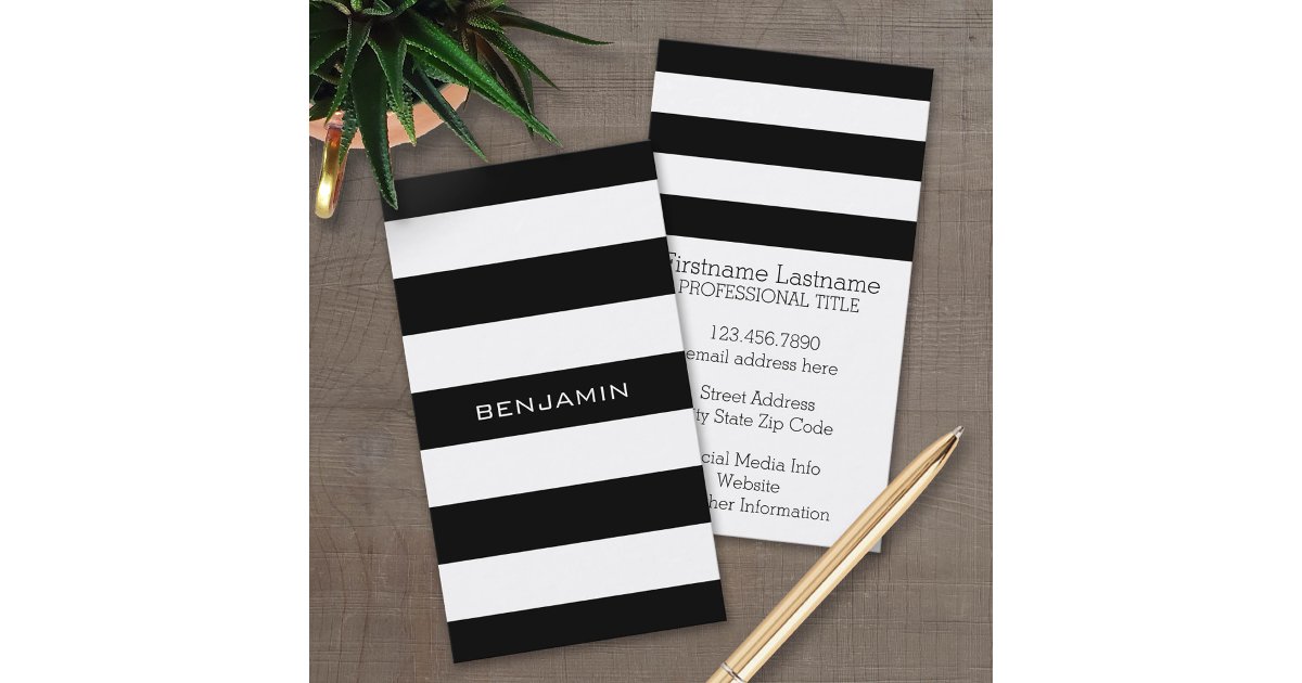 Black and White Striped Pattern Custom Name Business Card | Zazzle