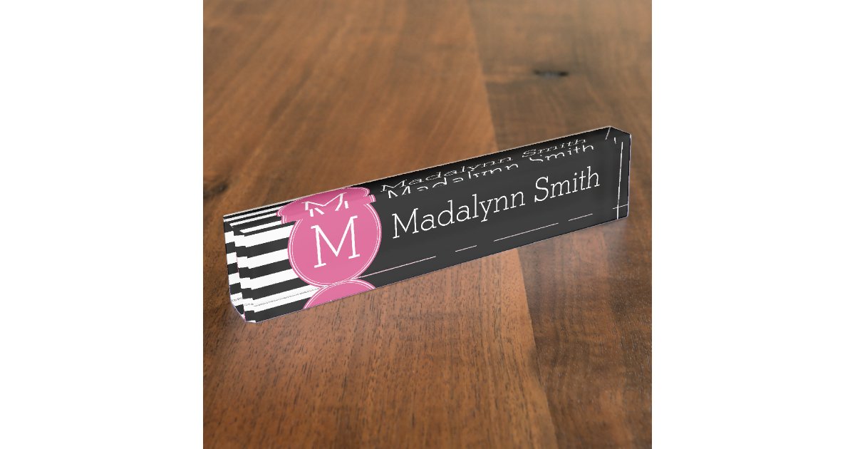 Black and White Striped Pattern Hot Pink Monogram Desk Name Plate | Zazzle