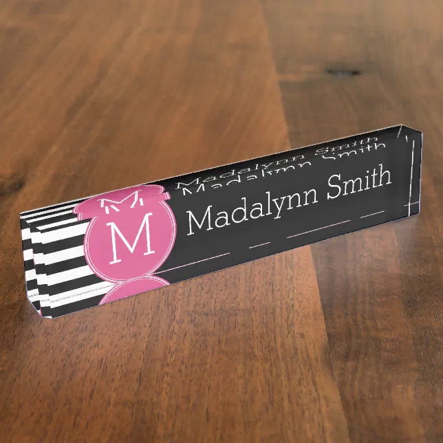 Black and White Striped Pattern Hot Pink Monogram Desk Name Plate | Zazzle