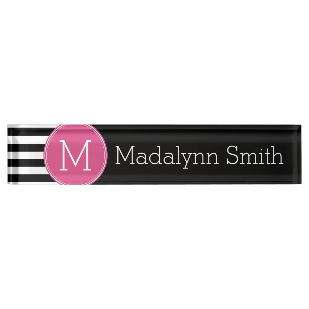 Black and White Striped Pattern Hot Pink Monogram Desk Name Plate | Zazzle