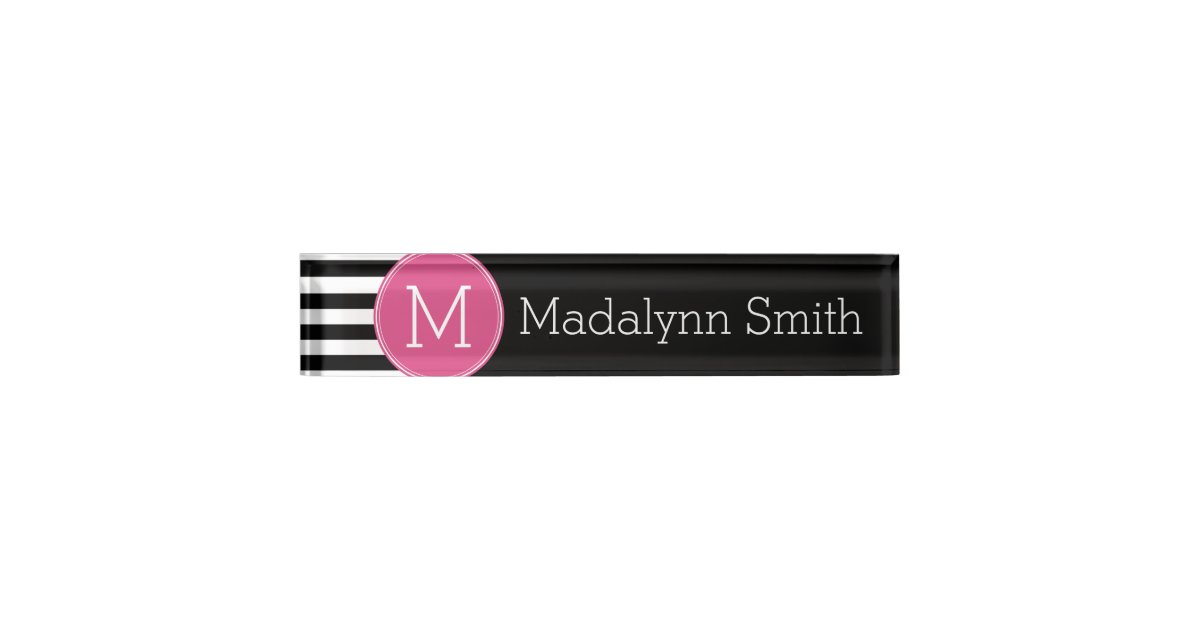 Black and White Striped Pattern Hot Pink Monogram Desk Name Plate ...