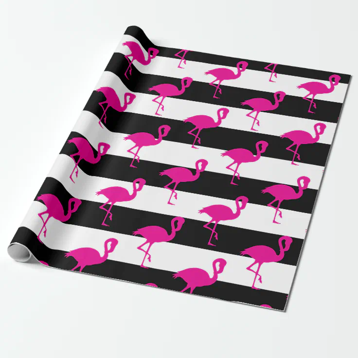 Black and White Striped Pink Flamingo Wrapping Paper | Zazzle