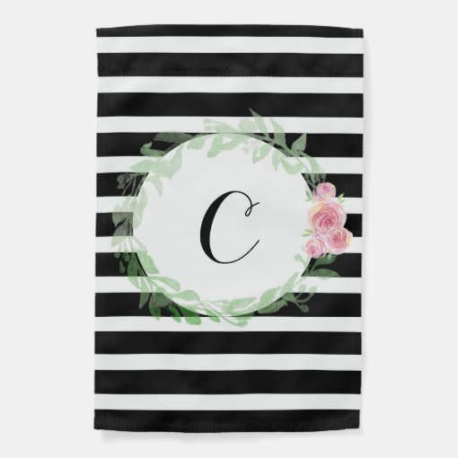 Black and White Striped with Laurel Monogram Garden Flag | Zazzle