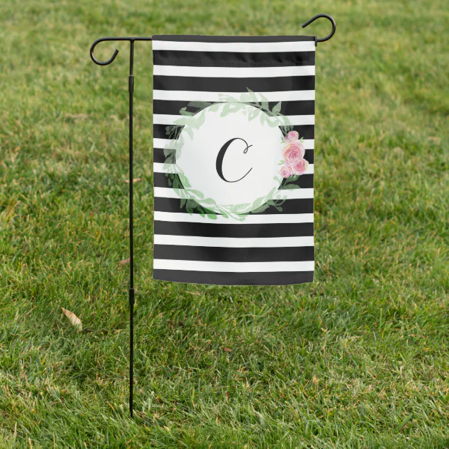 Black and White Striped with Laurel Monogram Garden Flag | Zazzle