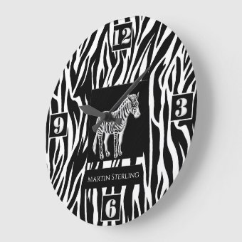 Black and White Striped Zebra Jungle Theme Large Clock | Zazzle