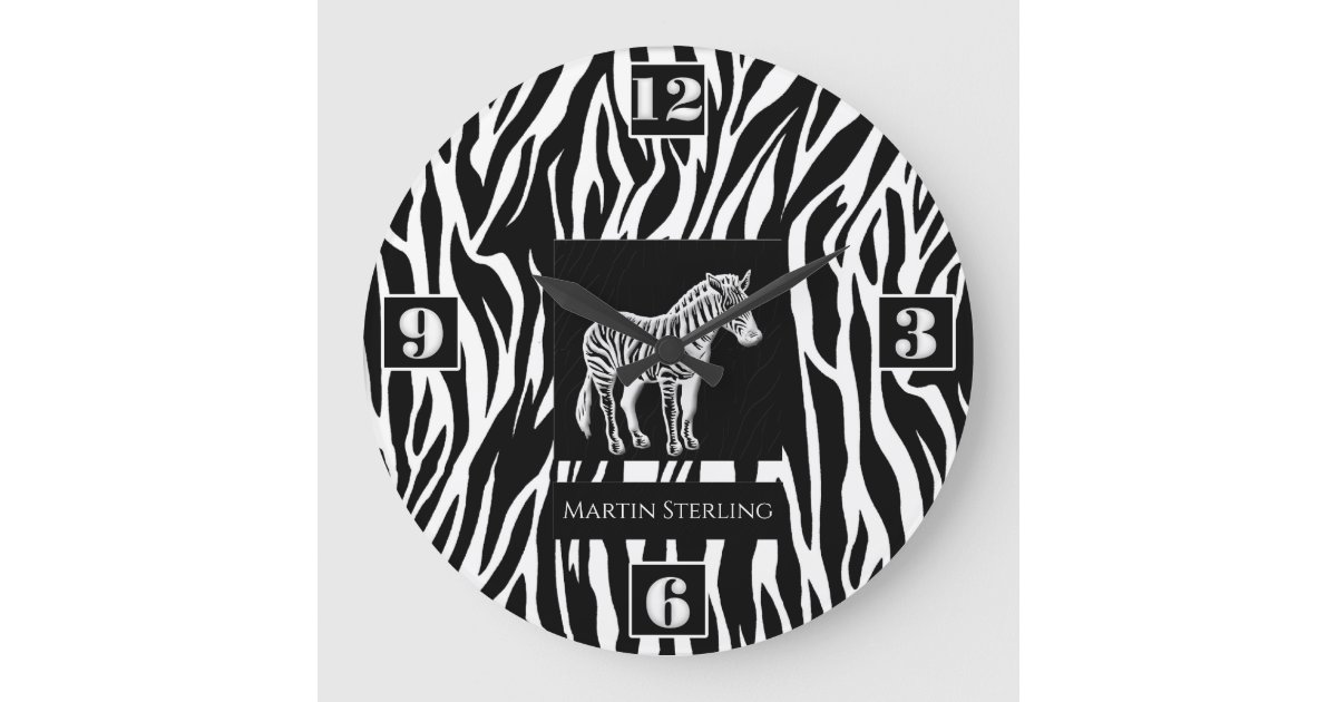 Black and White Striped Zebra Jungle Theme Large Clock | Zazzle