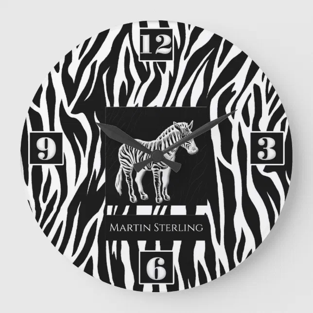 Black and White Striped Zebra Jungle Theme Large Clock | Zazzle