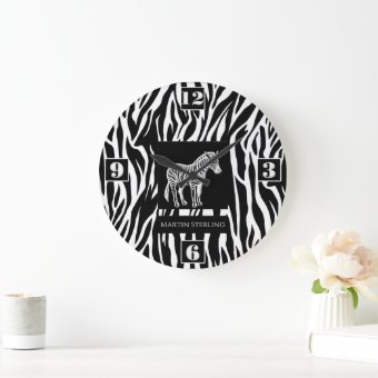 Black and White Striped Zebra Jungle Theme Large Clock | Zazzle