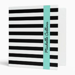 Black and white stripes aqua personalized name binder | Zazzle