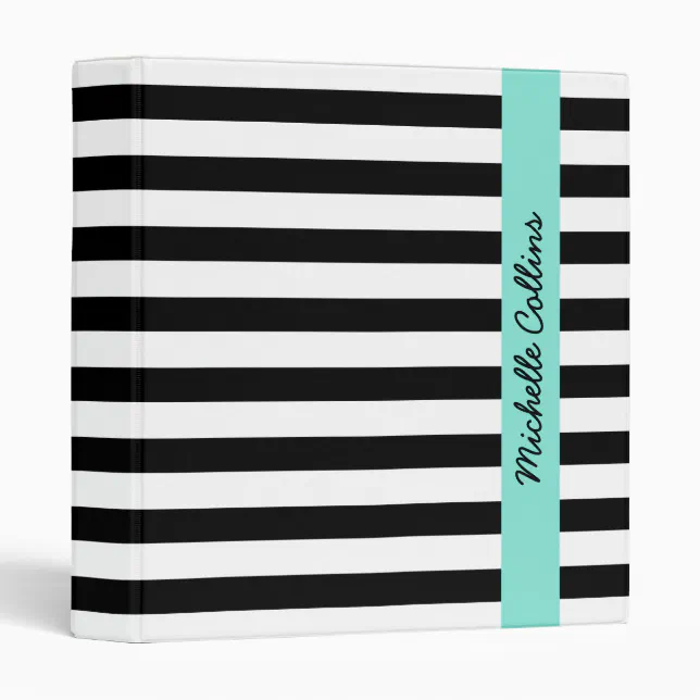 Black and white stripes aqua personalized name binder | Zazzle
