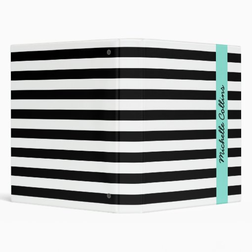 Black and white stripes aqua personalized name binder | Zazzle