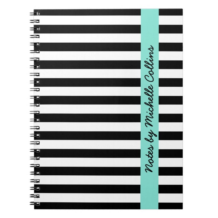 Black and white stripes aqua personalized name notebook | Zazzle