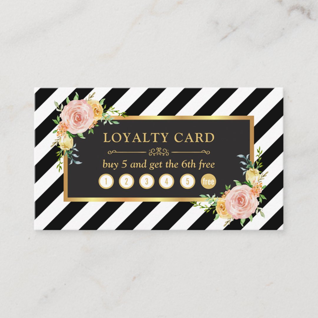 Black and white stripes gold floral frame loyalty card | Zazzle