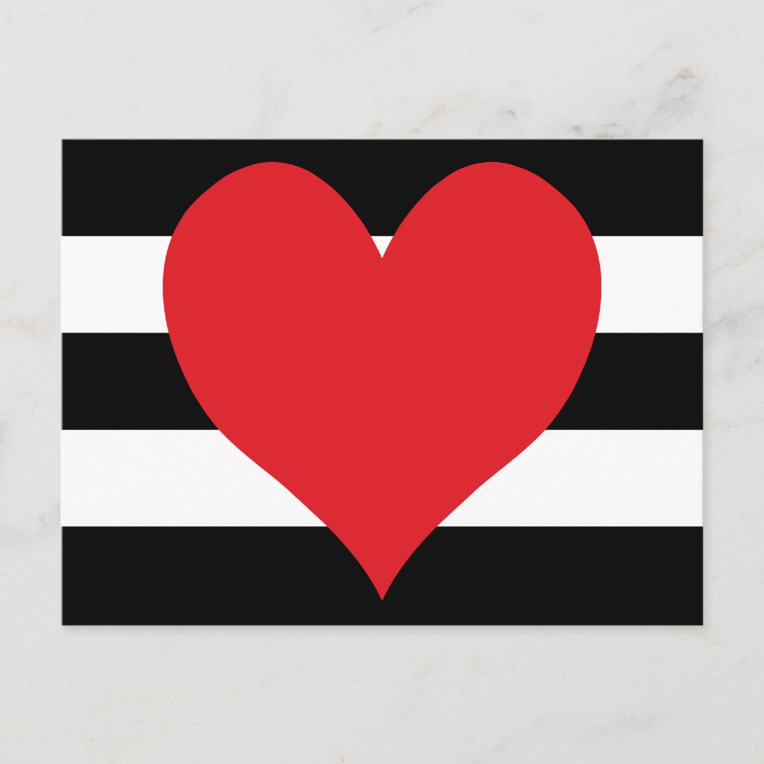 Black and White Stripes Red Heart Postcard | Zazzle