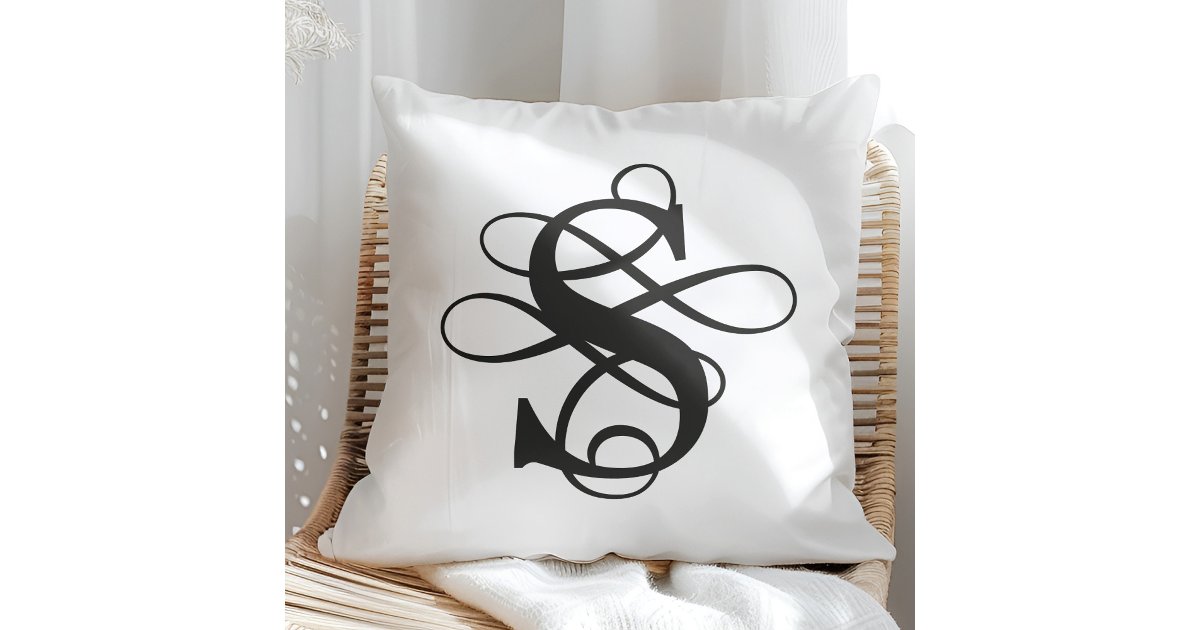Black and White Swirly Flourish Initial Monogram Throw Pillow | Zazzle