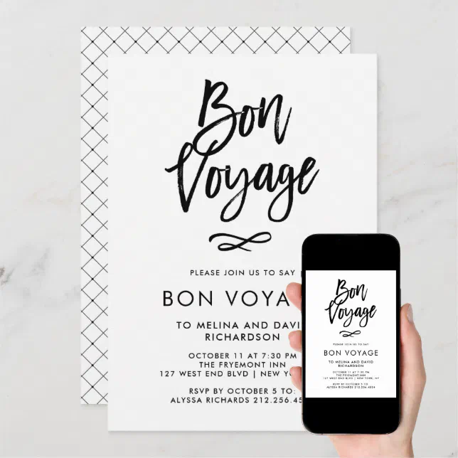 Black and White Trendy Script | Bon Voyage Party Invitation | Zazzle