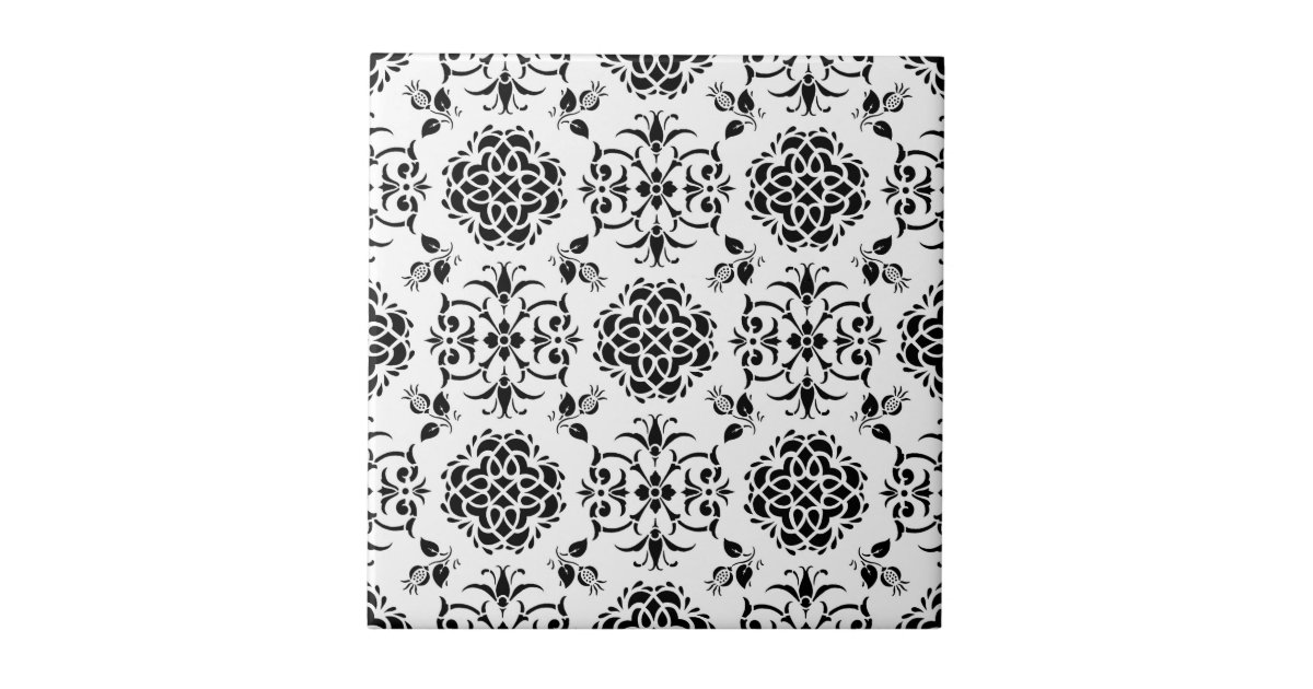 Black and White Vintage Style Floral Damask Ceramic Tile | Zazzle