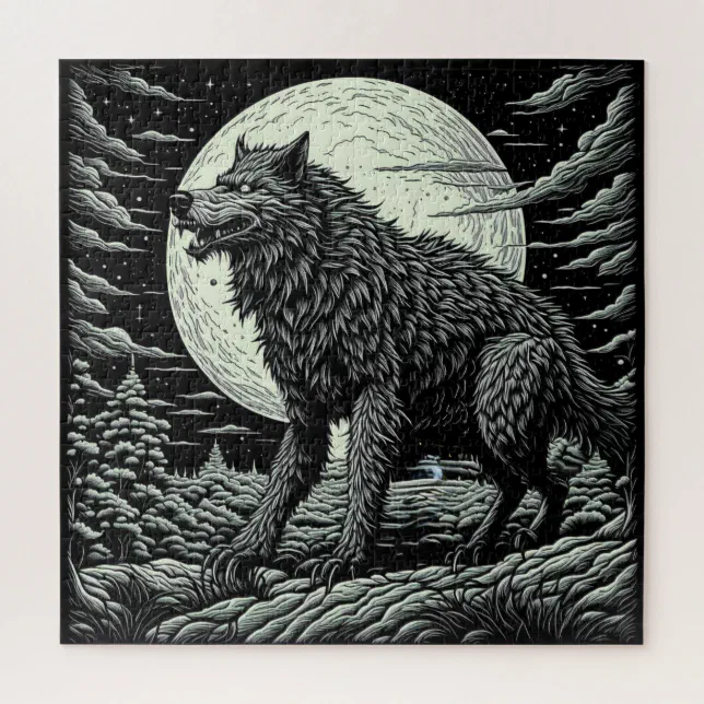 Black and white Vintage Werewolf Ai Art Jigsaw Puzzle | Zazzle