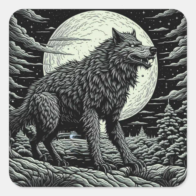 Black and white Vintage Werewolf Ai Art Square Sticker | Zazzle
