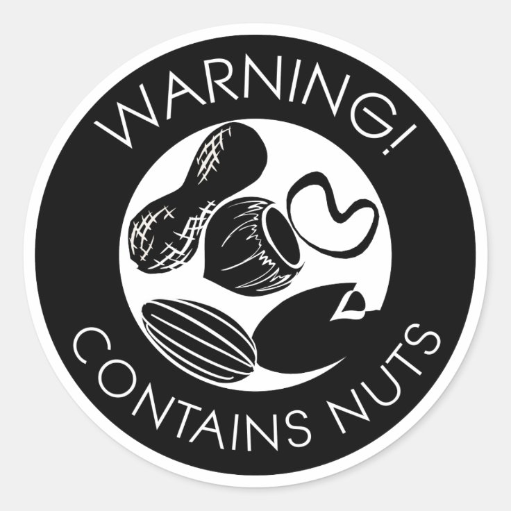 Black and White Warning Contains Nuts Symbol Classic Round Sticker | Zazzle